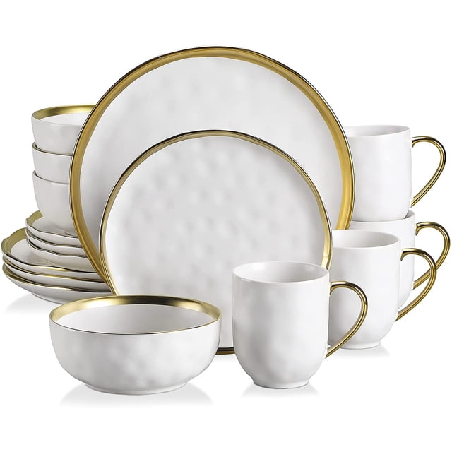 LOVECASA, Series Sweet, 16-Piece Stoneware Dinnerware Sets, White Gold ...