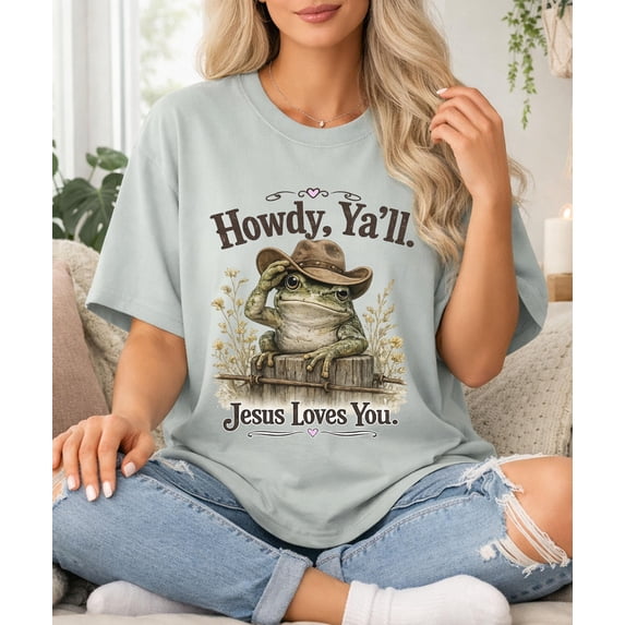 LOVETEE Howdy Ya'll Jesus Loves You T-Shirt, Frog Wearing a Cowboy Hat ...
