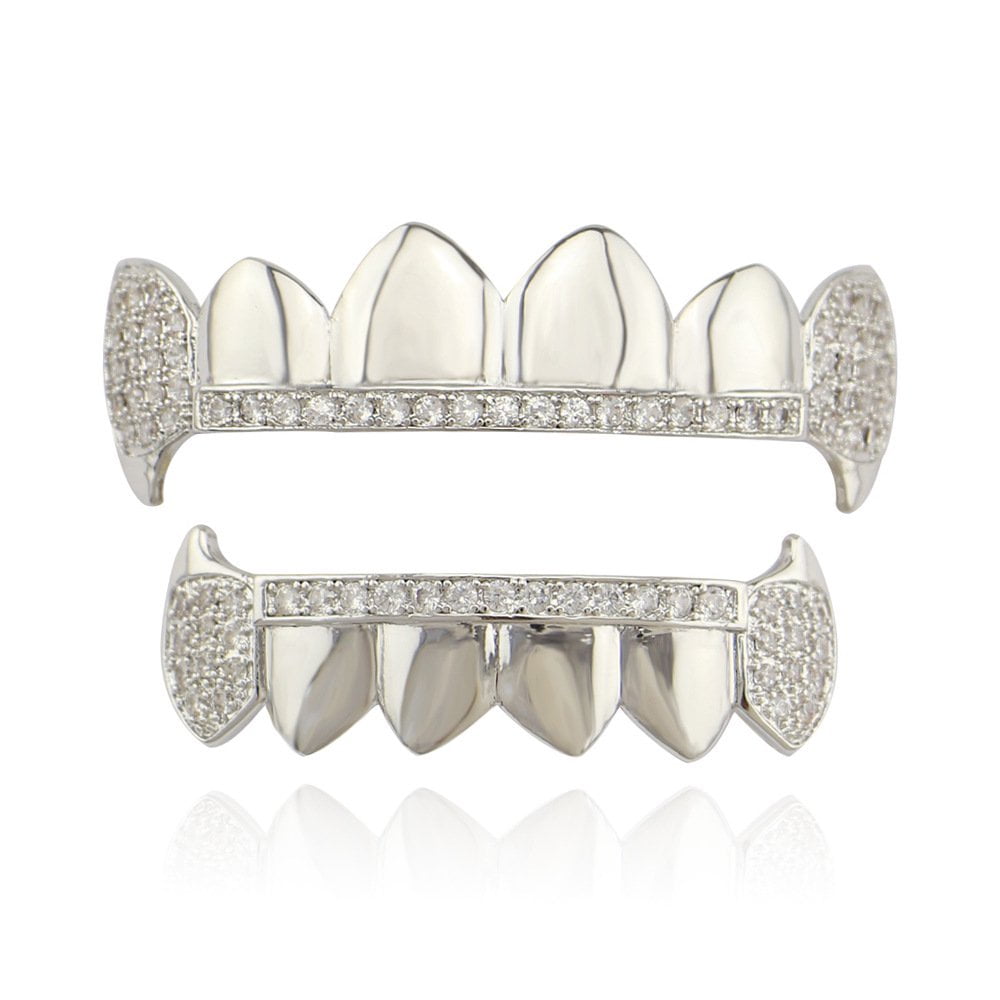 LOVEVER 14K Gold Plated Iced Out CZ Top and Bottom Vampire Fangs Grillz ...