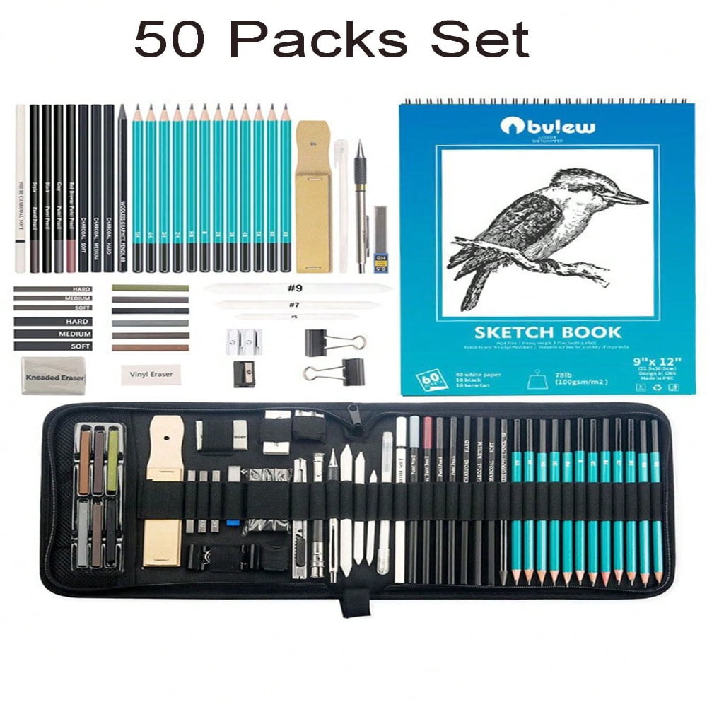 LOVEVER 50pcs Drawing Set Sketch Kit With 3-color 60-sheet Sketchbook ...