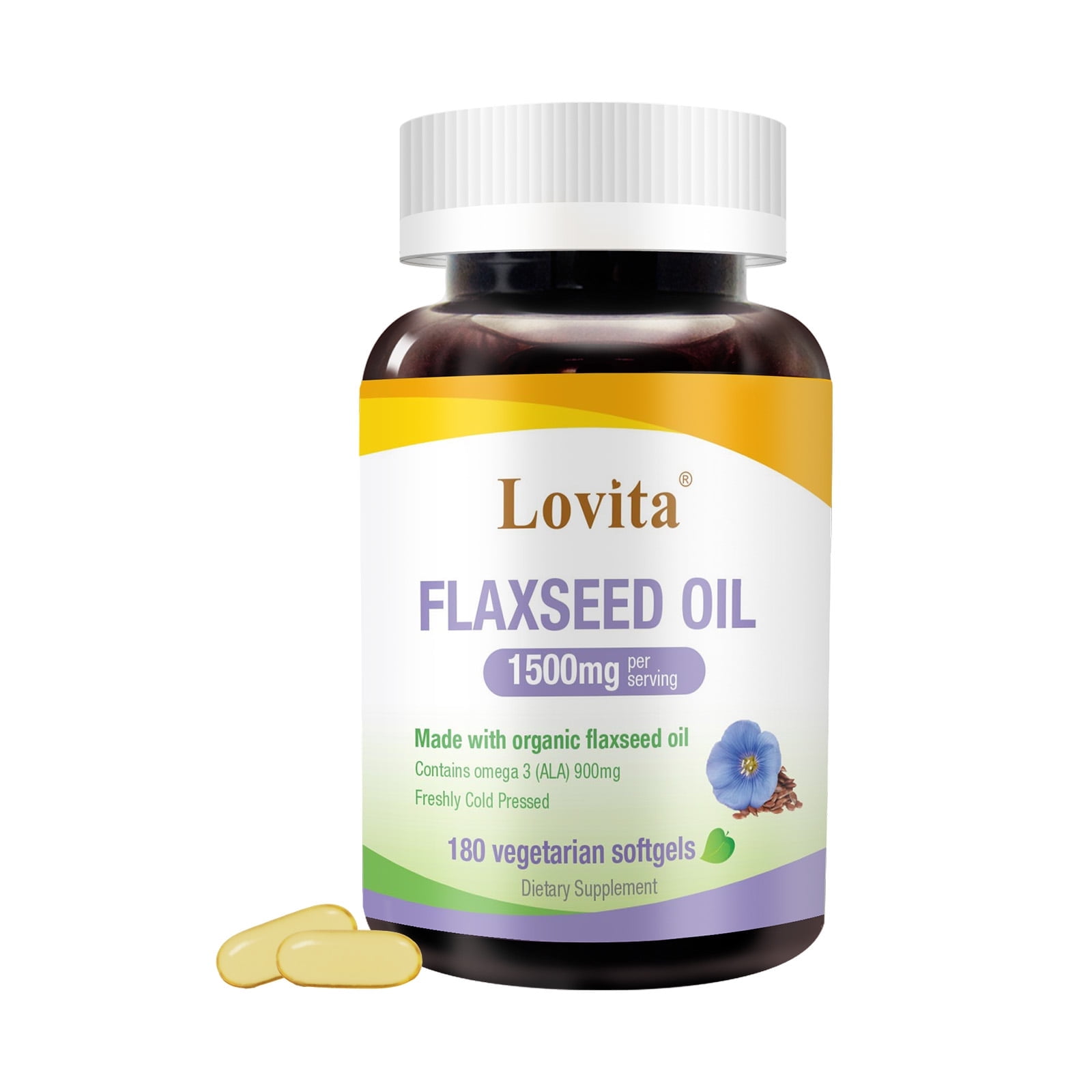 Lovita Organic Flaxseed Oil 1500mg, High Potent ALA, Vegan Omega 3 ...