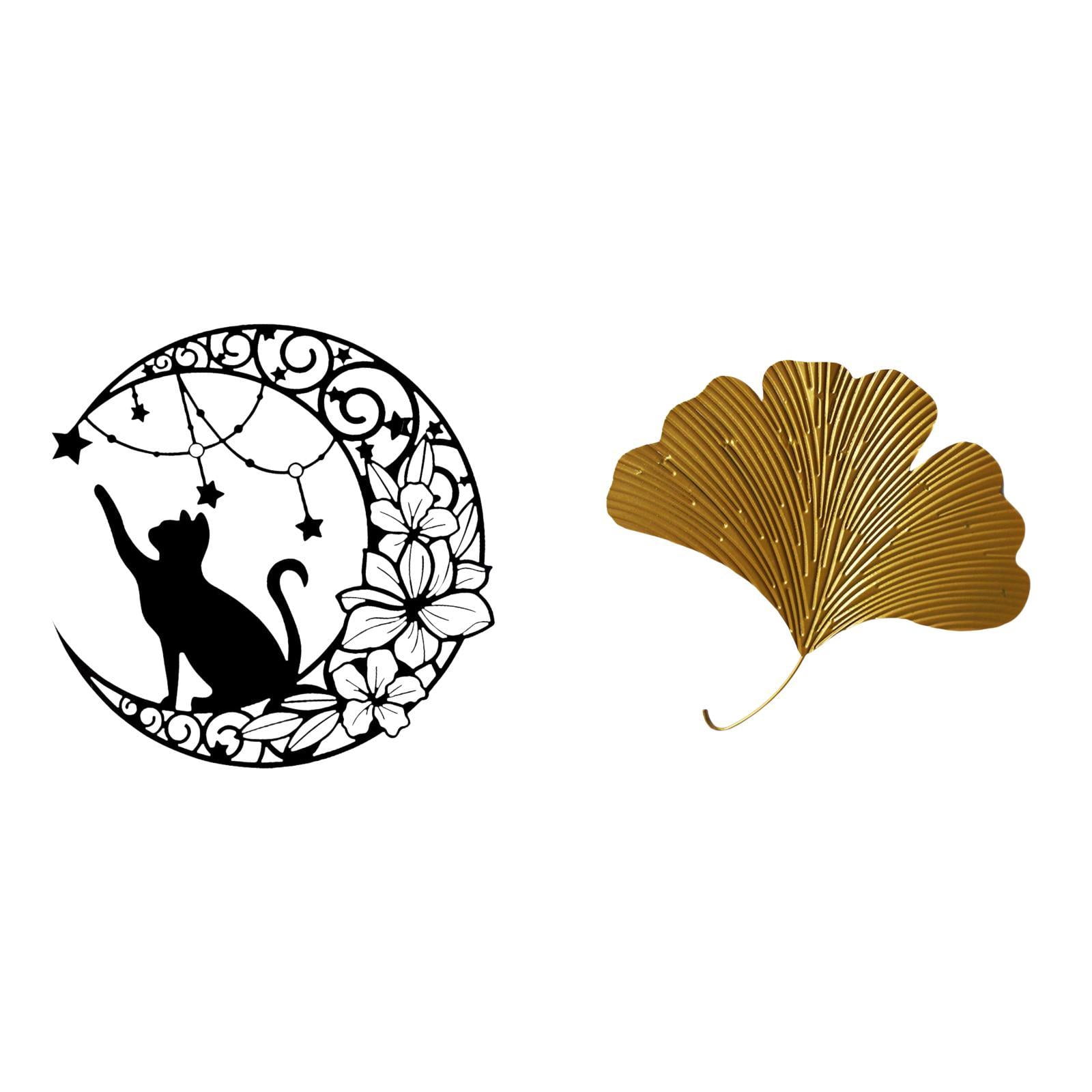 LOVIVER Metal Cat Wall Decor Wrought Iron Ginkgo Leaves Black Cat Wall ...