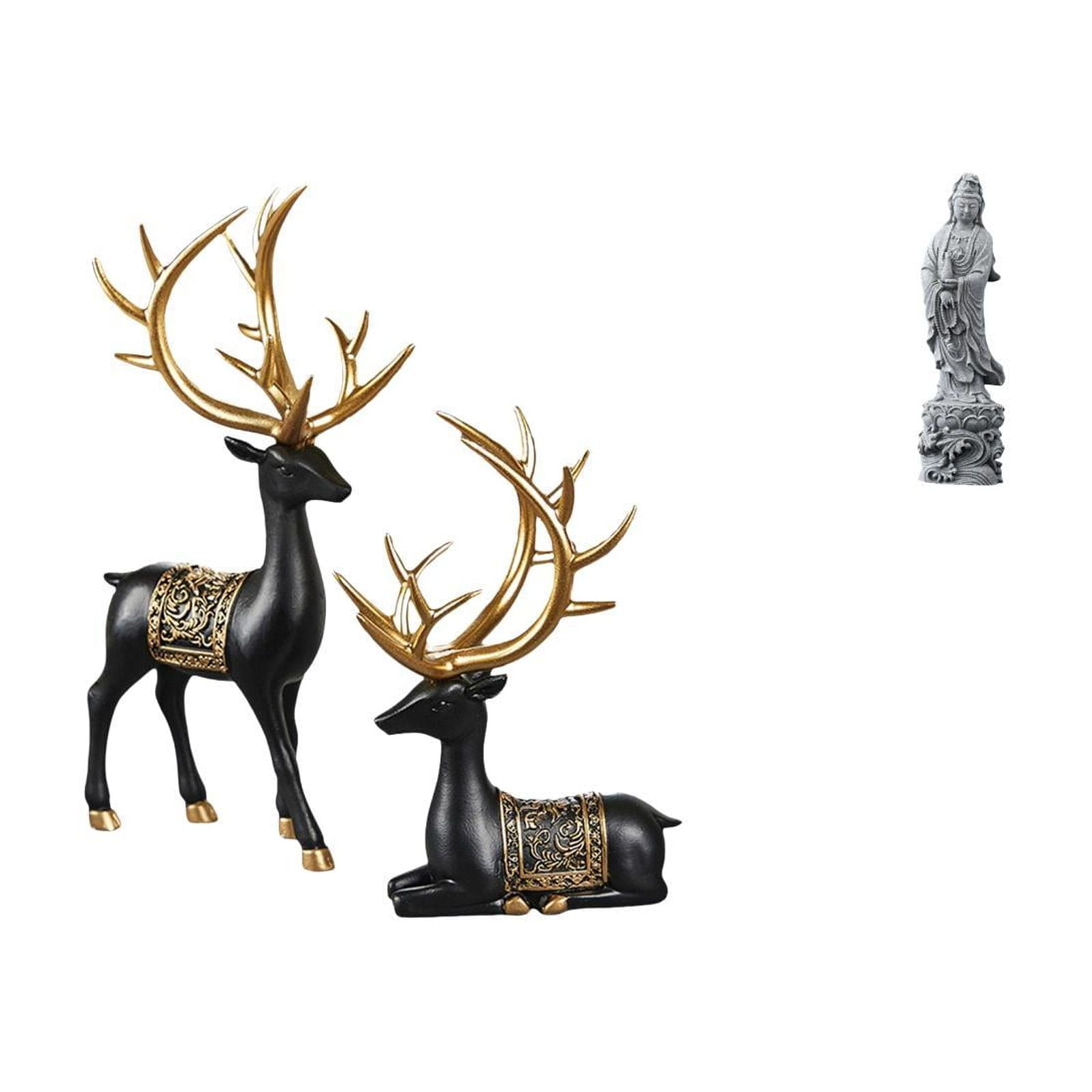LOVIVER Reindeer Elk Resin Statue and Guan Yin Stone Ornament Fusion ...