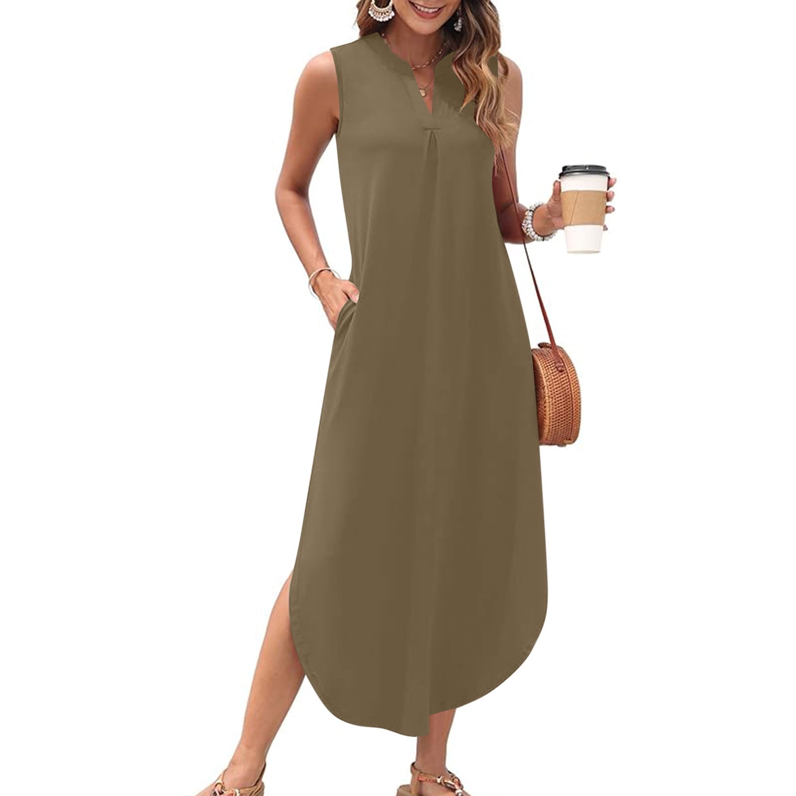 LOVZFMLL Summer Dresses for Women 2025 Sleeveless V Neck Smocked Tank Dress Casual Loose Beach ...