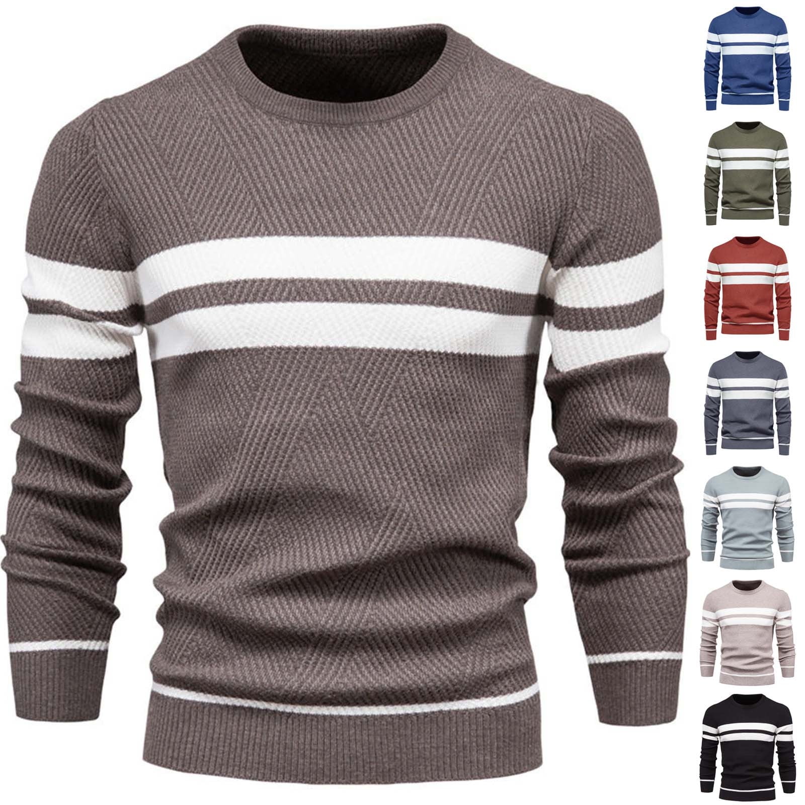LOVZFMLL Sweaters for Men, Striped Acrylic Crew Neck Ribbed Pullover ...