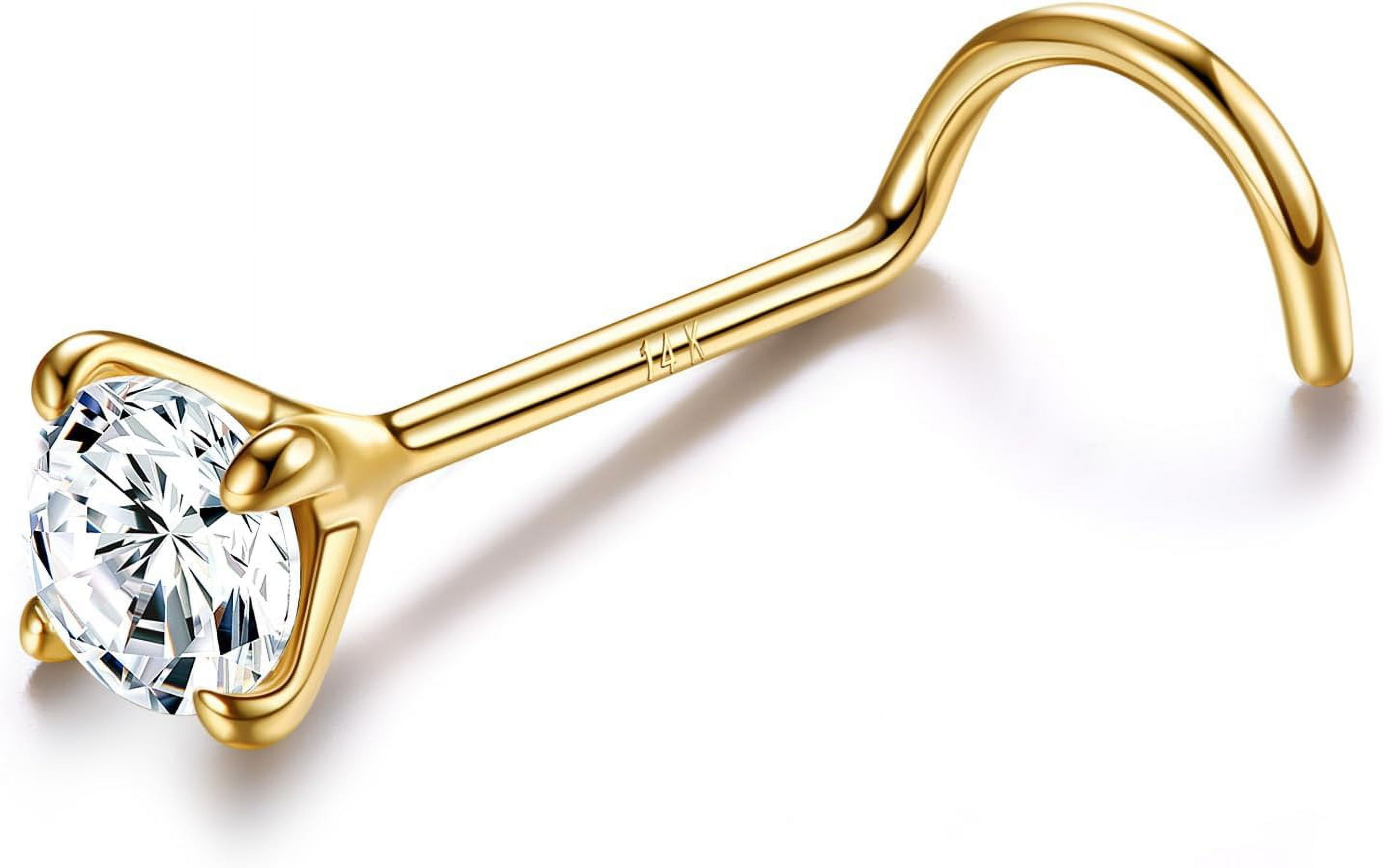 LOYALLOOK 14K Real Gold Nose Rings Studs Simulated Diamond CZ Corkscrew ...