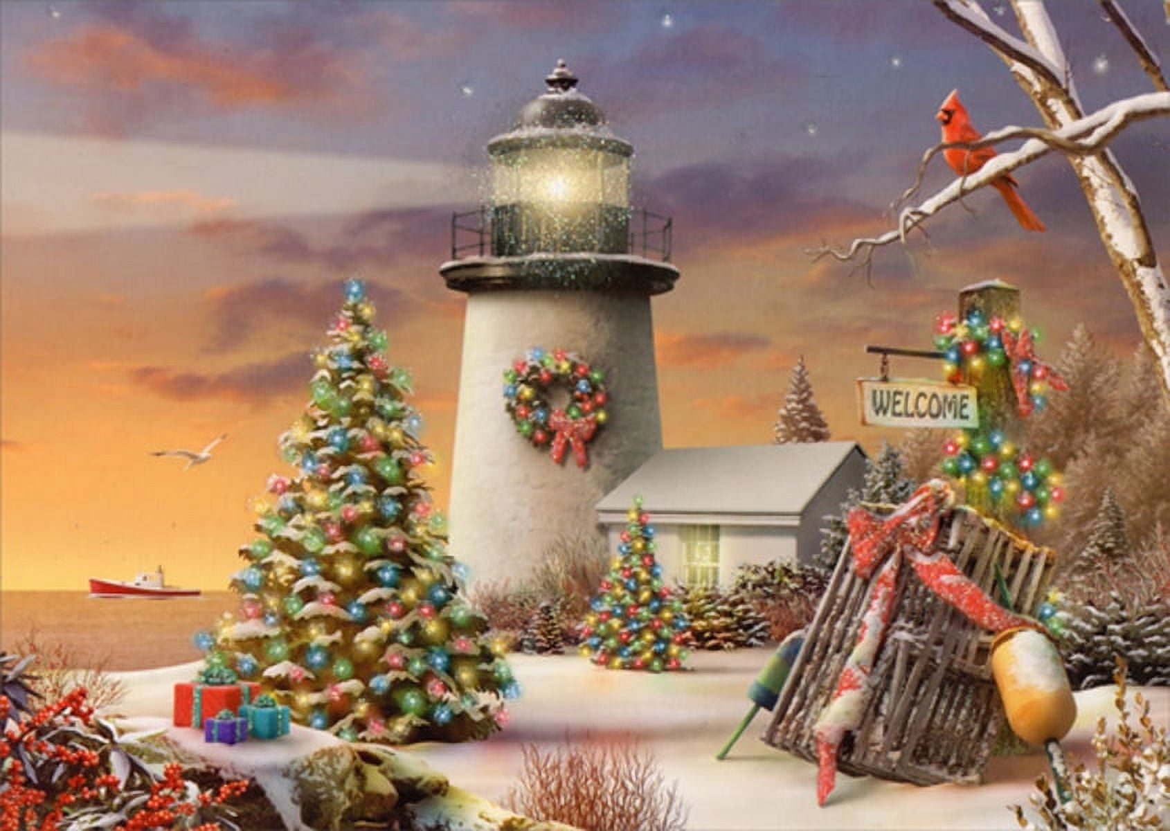 LPG Greetings Winter Lighthouse, Decorated Evergreen Trees and Cardinal ...