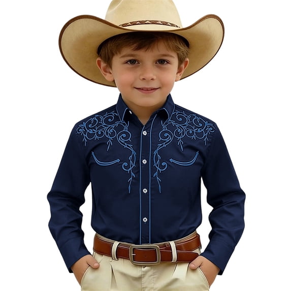 LPKRT Boys Western Long Sleeve Shirts Collar Cowboy Print Button Down ...