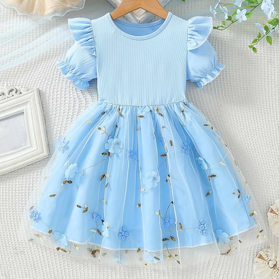 LPKRT Girls Puff Sleeve Tutu Dress Ribbed Knit Embroidered Mesh ...