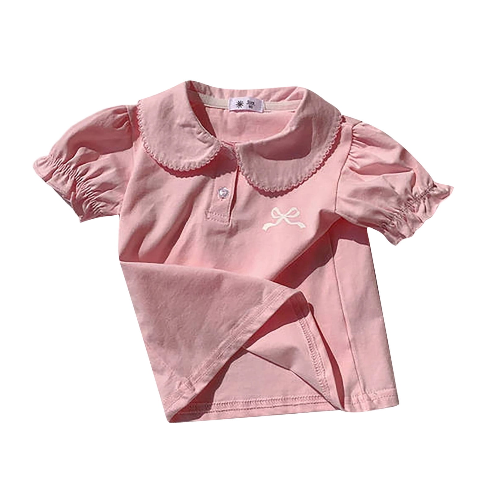 LPKRT Girls Short Sleeve Blouse Bow And Collar Solid Color Button Down ...