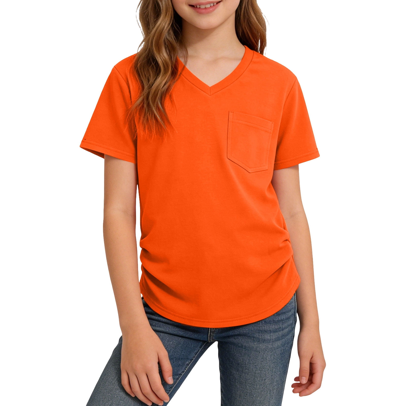LPKRT Girls Short Sleeve Summer Tops Side Ruched V Neck Solid Color ...