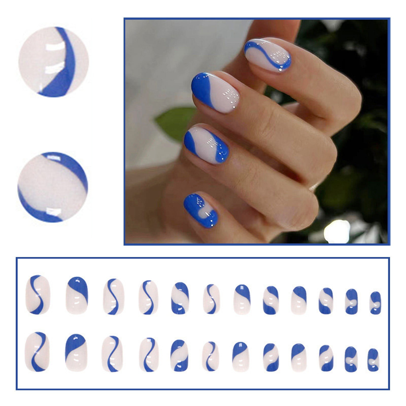 LPSSTORE 1 Pack (24 Pieces) Blue White Nails Full Coverage Glue on ...