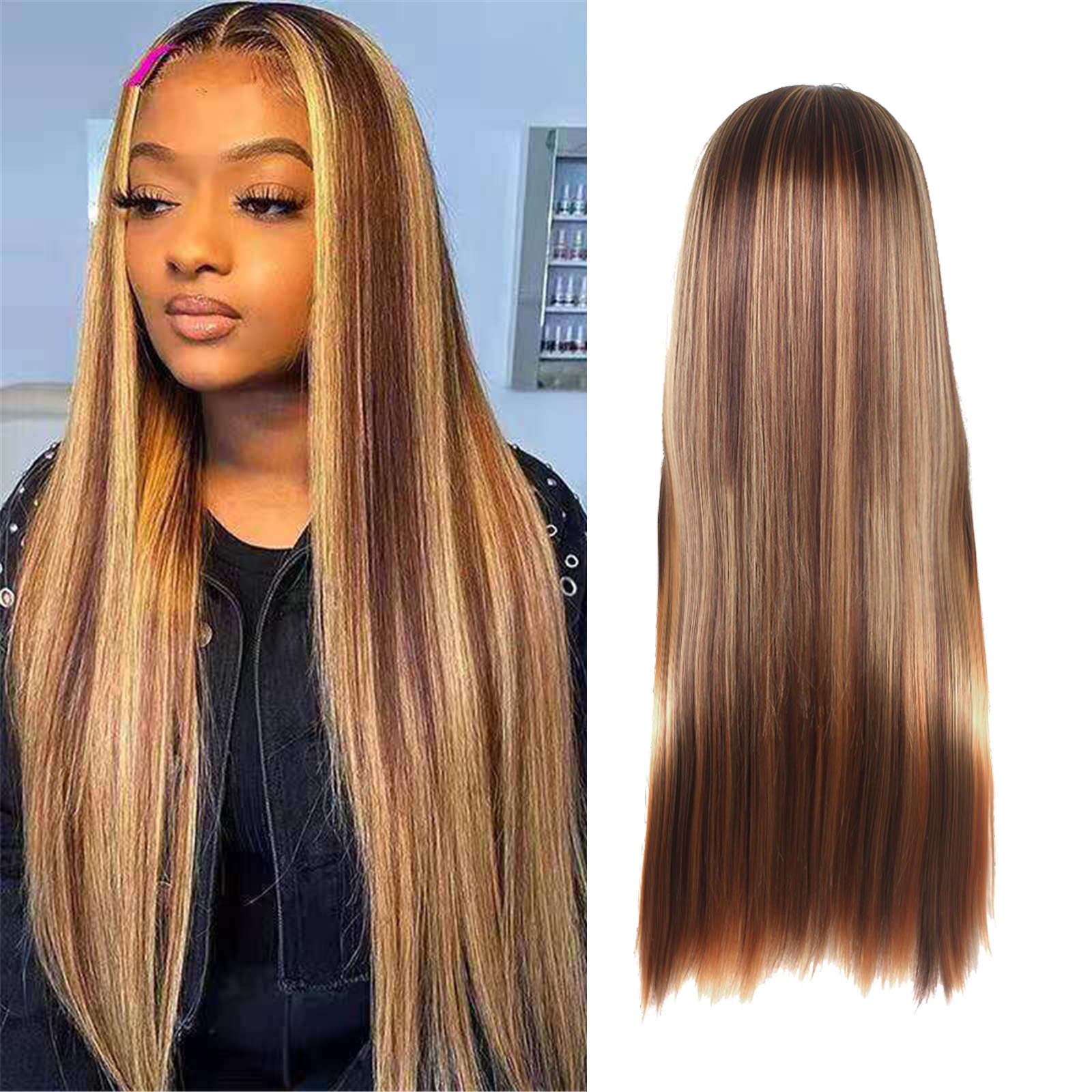 LPSSTORE Women's Brown Highlight Ombres Human Hair Wigs Long Brazilian ...