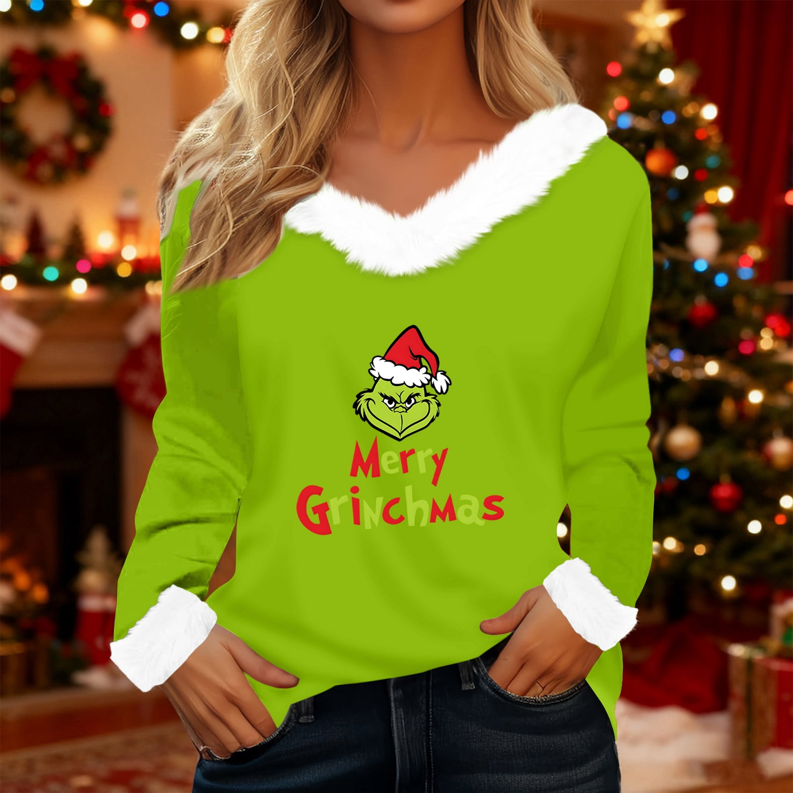 LPUJDADA Grin-ch Graphic Christmas Women's Sweaters, Fleece Trim V Neck ...