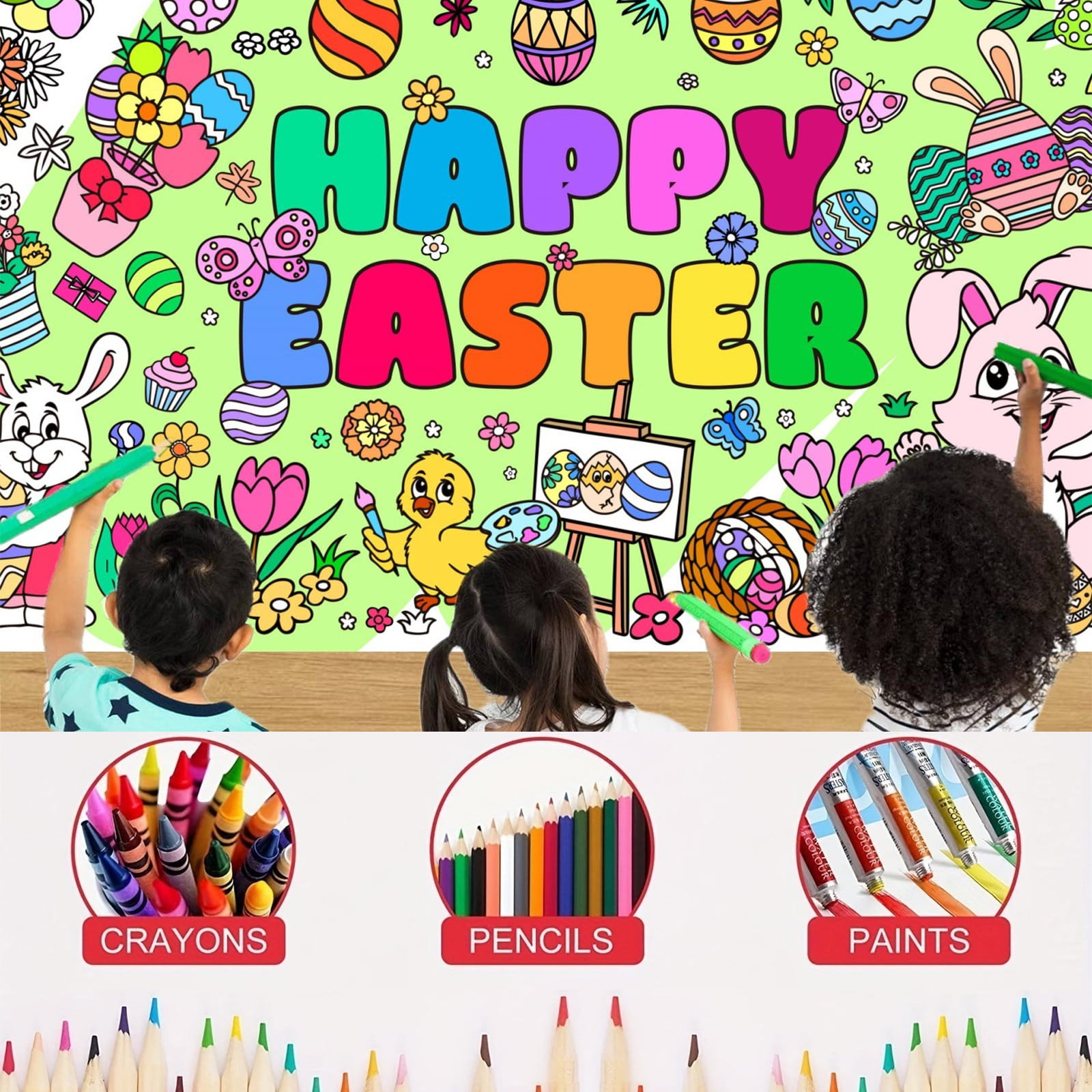 LQPWZU 1 Pcs Easter Coloring Tablecloth 30 x 72 Inch Giant Bunny Egg ...