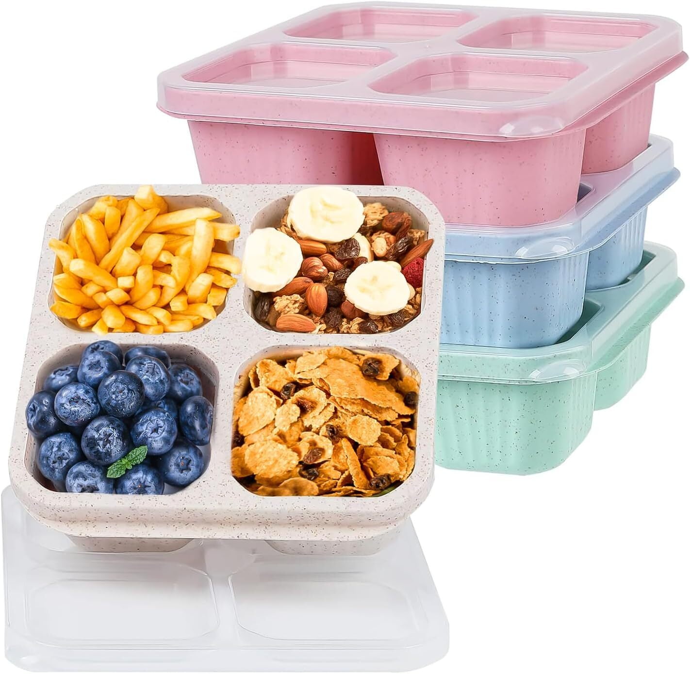 LQQBOX 4 Compartment Snack Containers, 4 Pcs Reusable Wheat Bento Snack ...