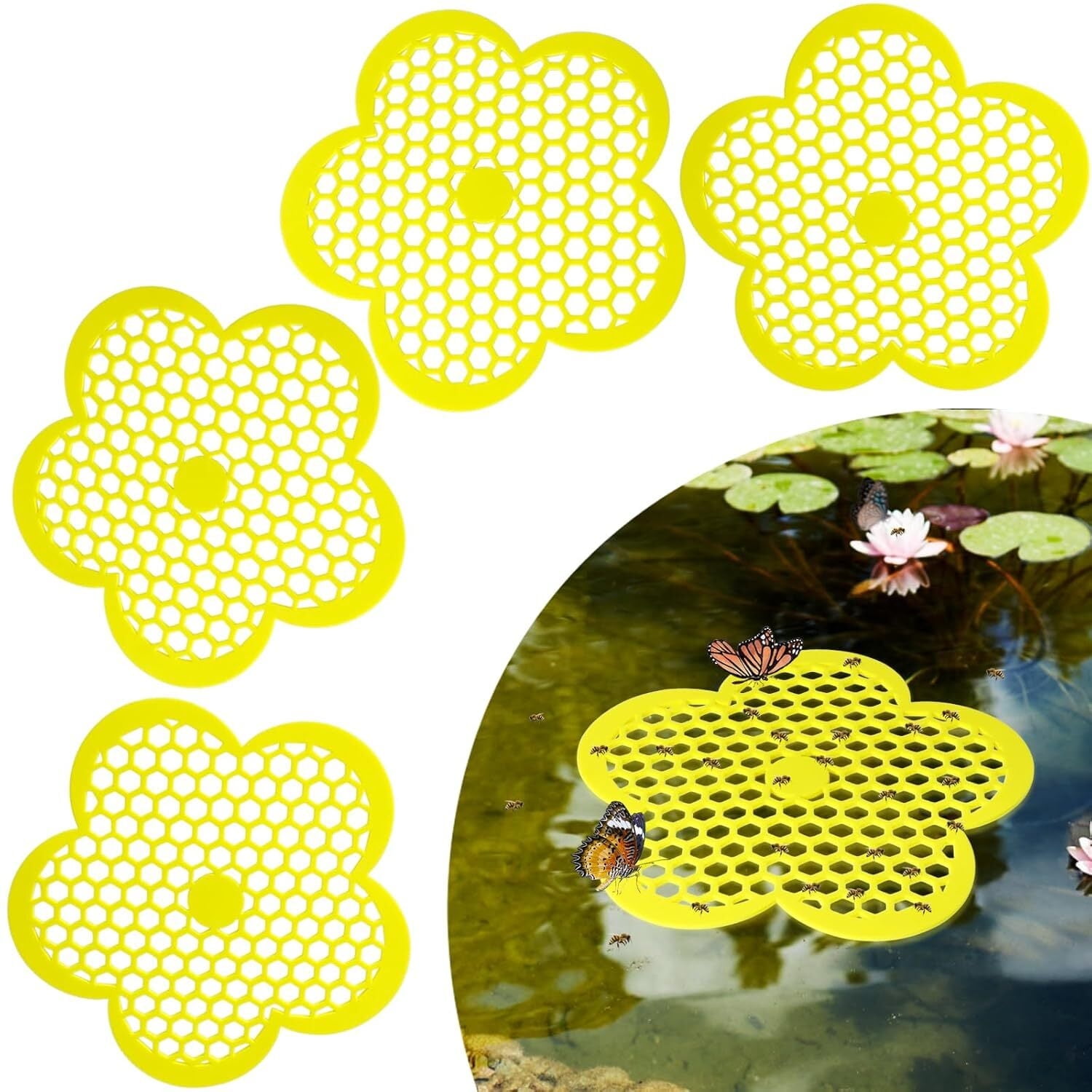 LQQBOX 4 Pcs Floating Bee Island 7.87 Inch Flower Floating Bee Watering ...