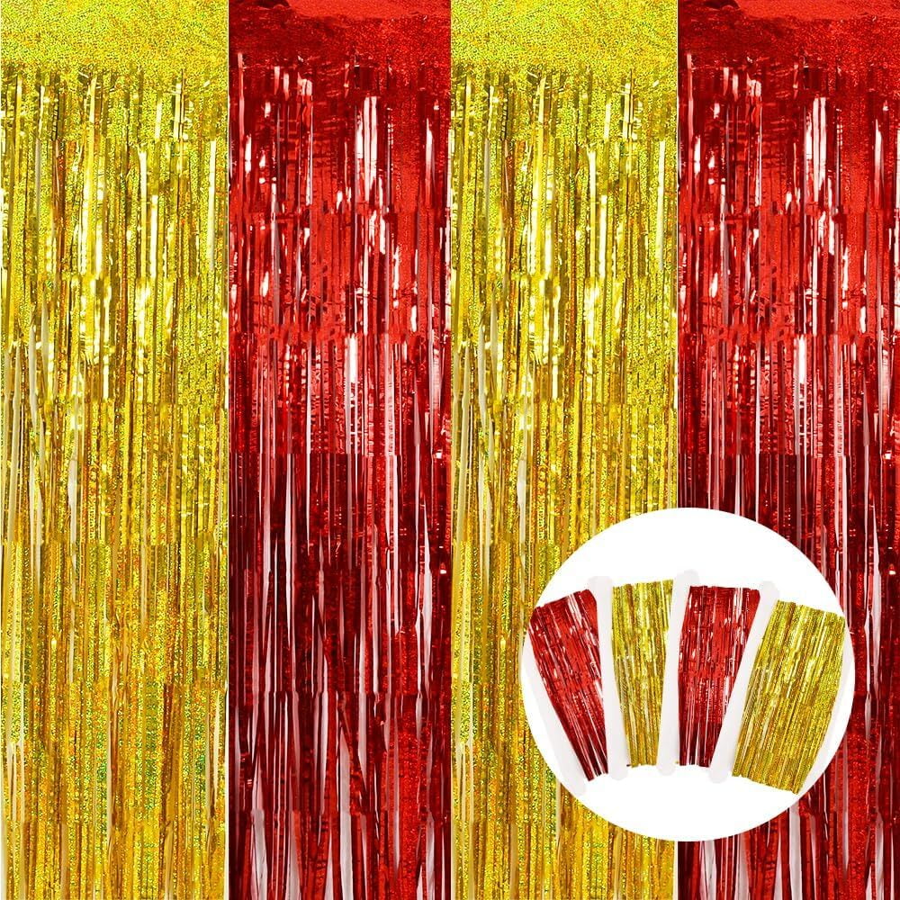 LQQBOX 4 Pcs Red and Gold Party Streamers Fringe Foil Curtain Backdrop ...