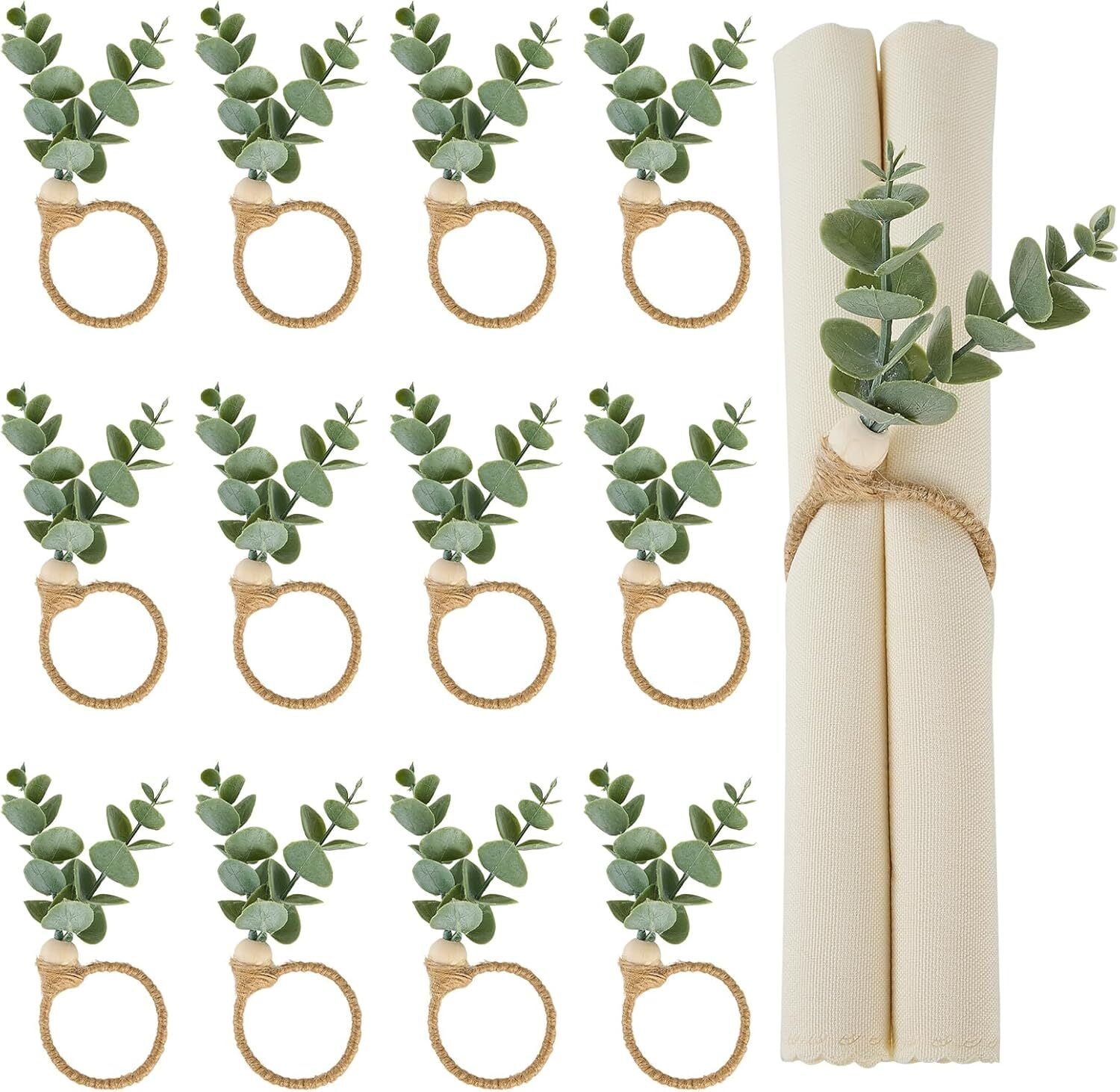 LQQBOX Napkin Rings Set of 12, Eucalyptus Leaf Napkin Rings Farmhouse ...