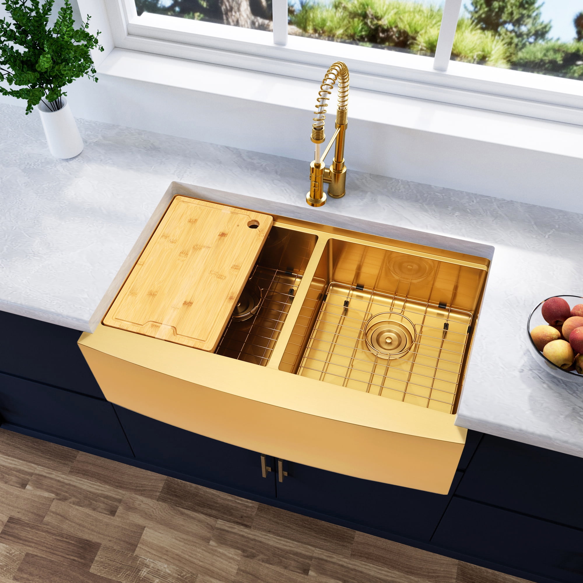 LQS 33x20 Gold Farmhouse Kitchen Sink Double Bowl Farm Sinks ...