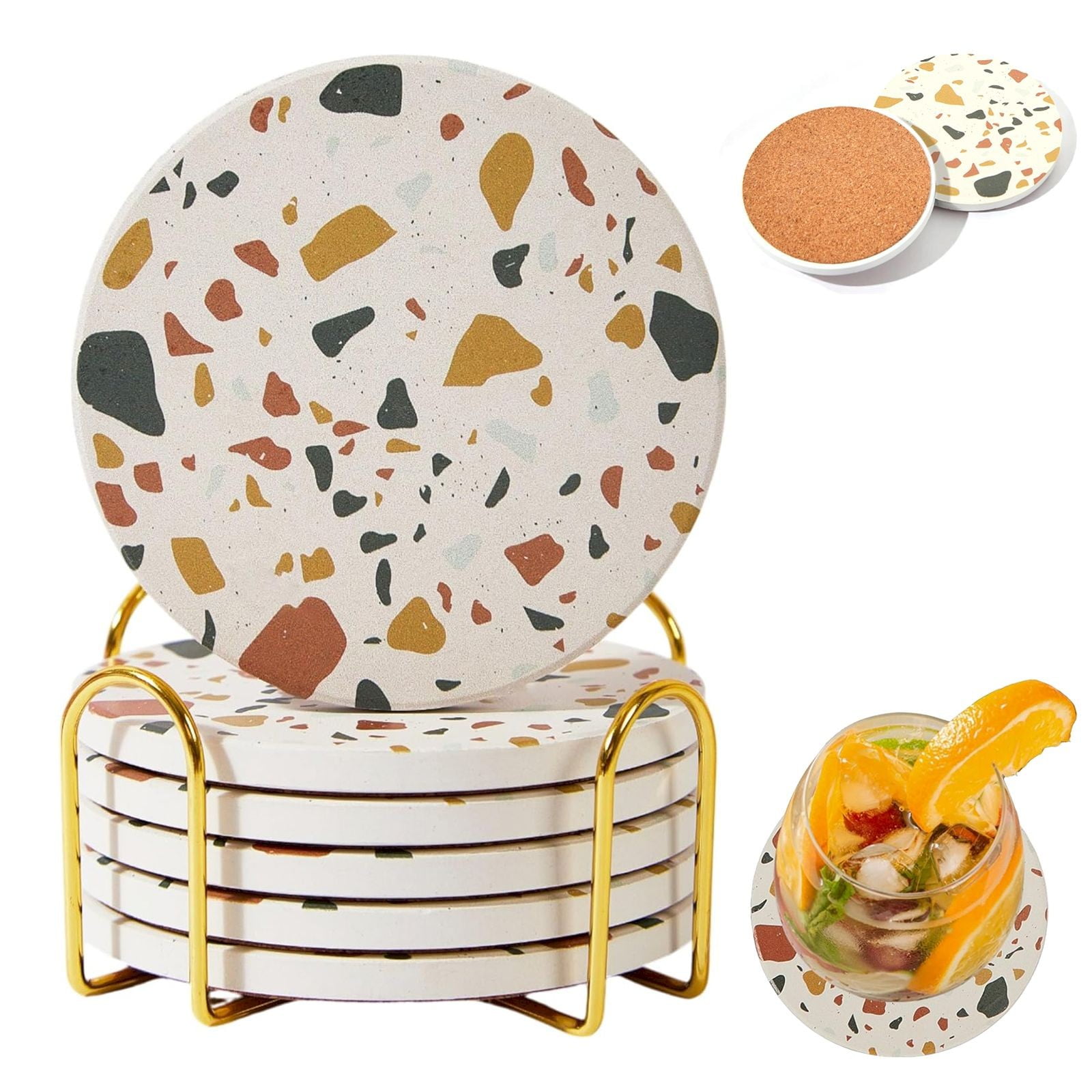 LQXZWJY 6Pcs Drink Coasters with Holder, Marble Style Ceramic Drink ...