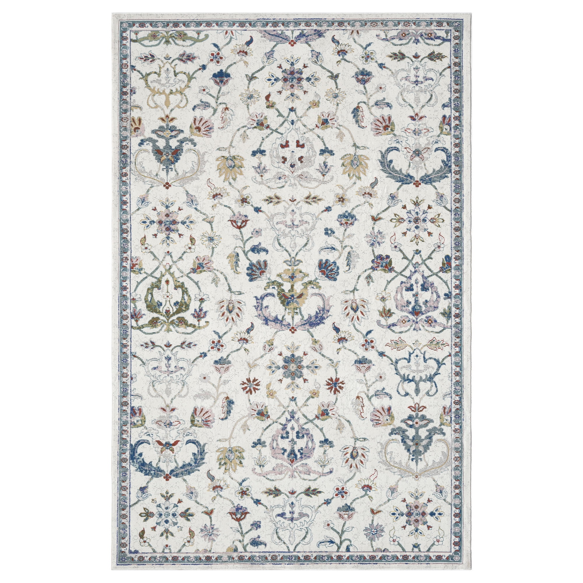 LR Home Ada 2'3" x 8'9" Ivory/Blue Bordered Floral Durable Indoor Area ...