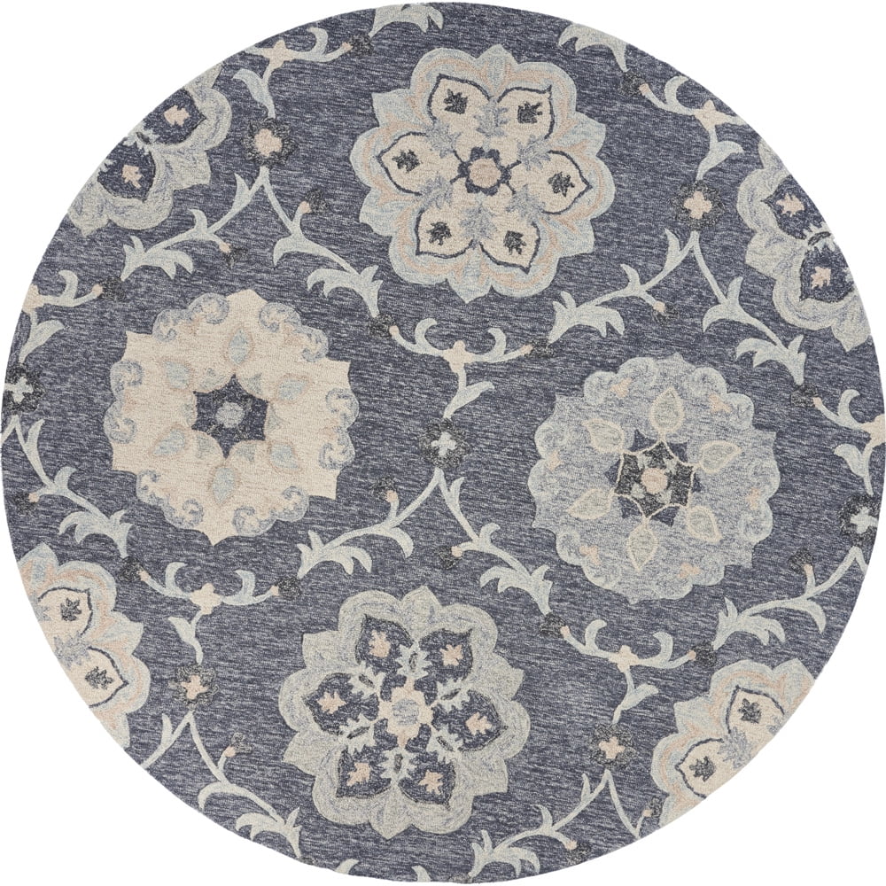 LR Home Aiden 7'3" Round Blue and Gray Floral Wool Indoor Area Rug ...