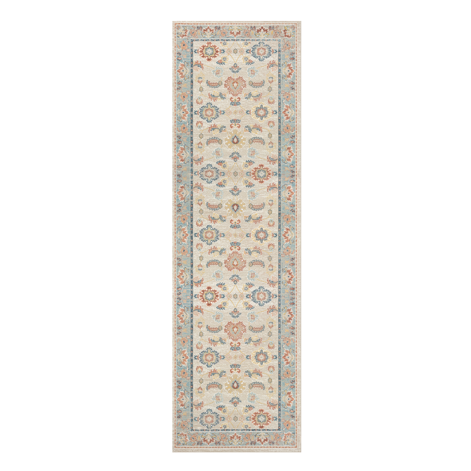 Ox Bay Bella 2'6" x 8' Blue and Beige Bordered Floral Durable ...