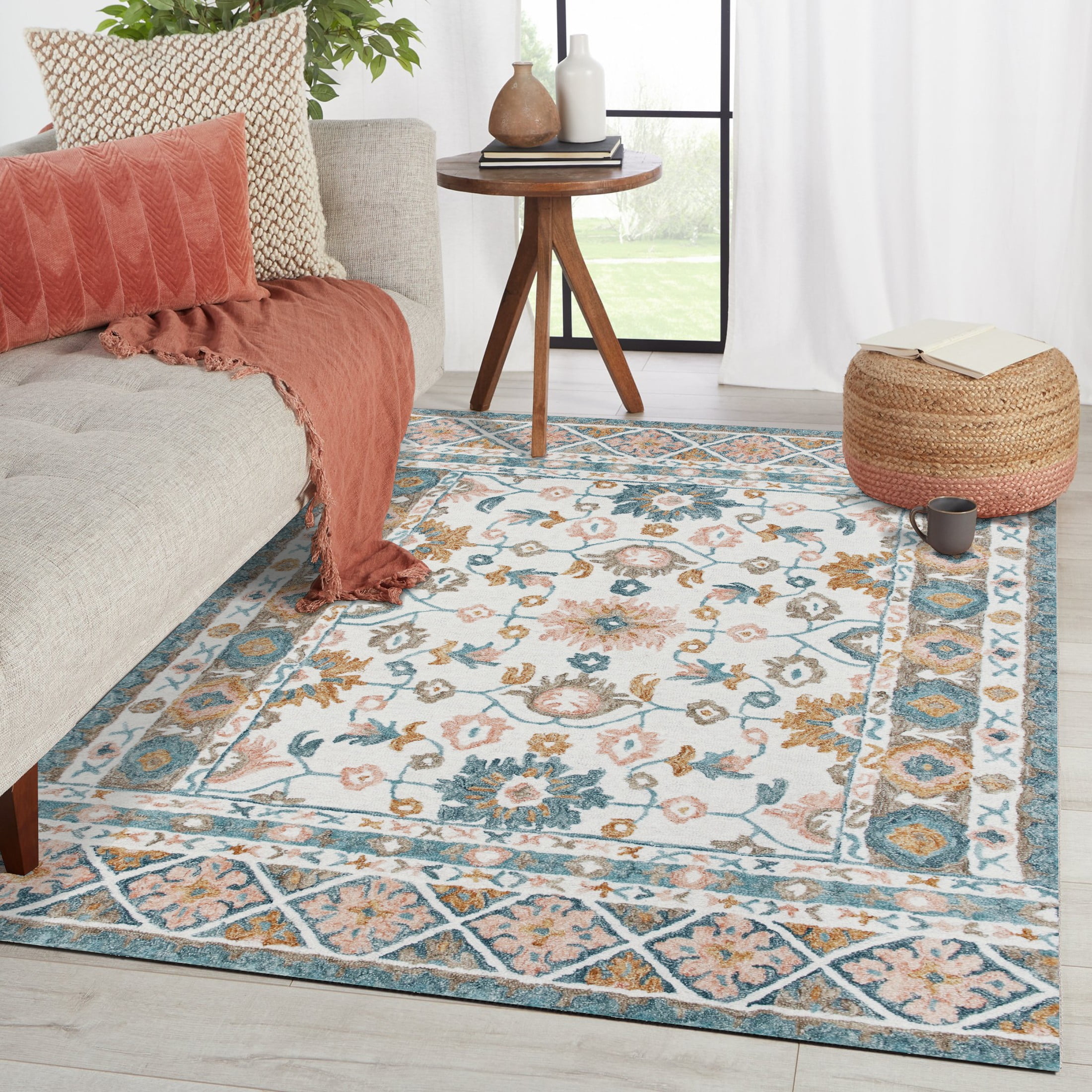 LR Home Bella Therese Gray/Orange Bohemian Floral Wool Area Rug, 5' x 7 ...