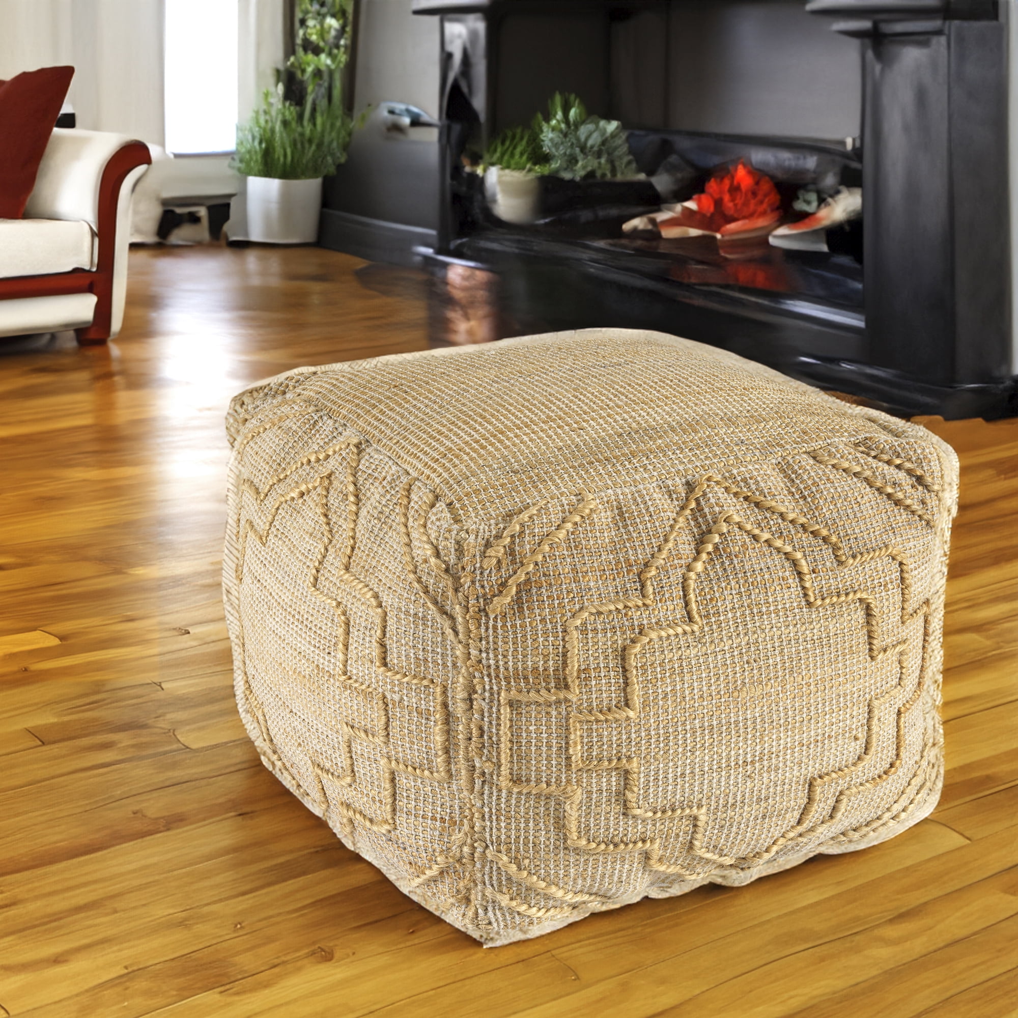 LR Home Mara Eve Farmhouse Trellis Jute Ottoman Pouf Natural, 18" x 18 ...