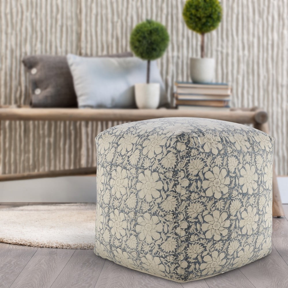 "LR Home Handmade Cotton Woven Ottoman Floral Square Pouf, Beige/Blue ...
