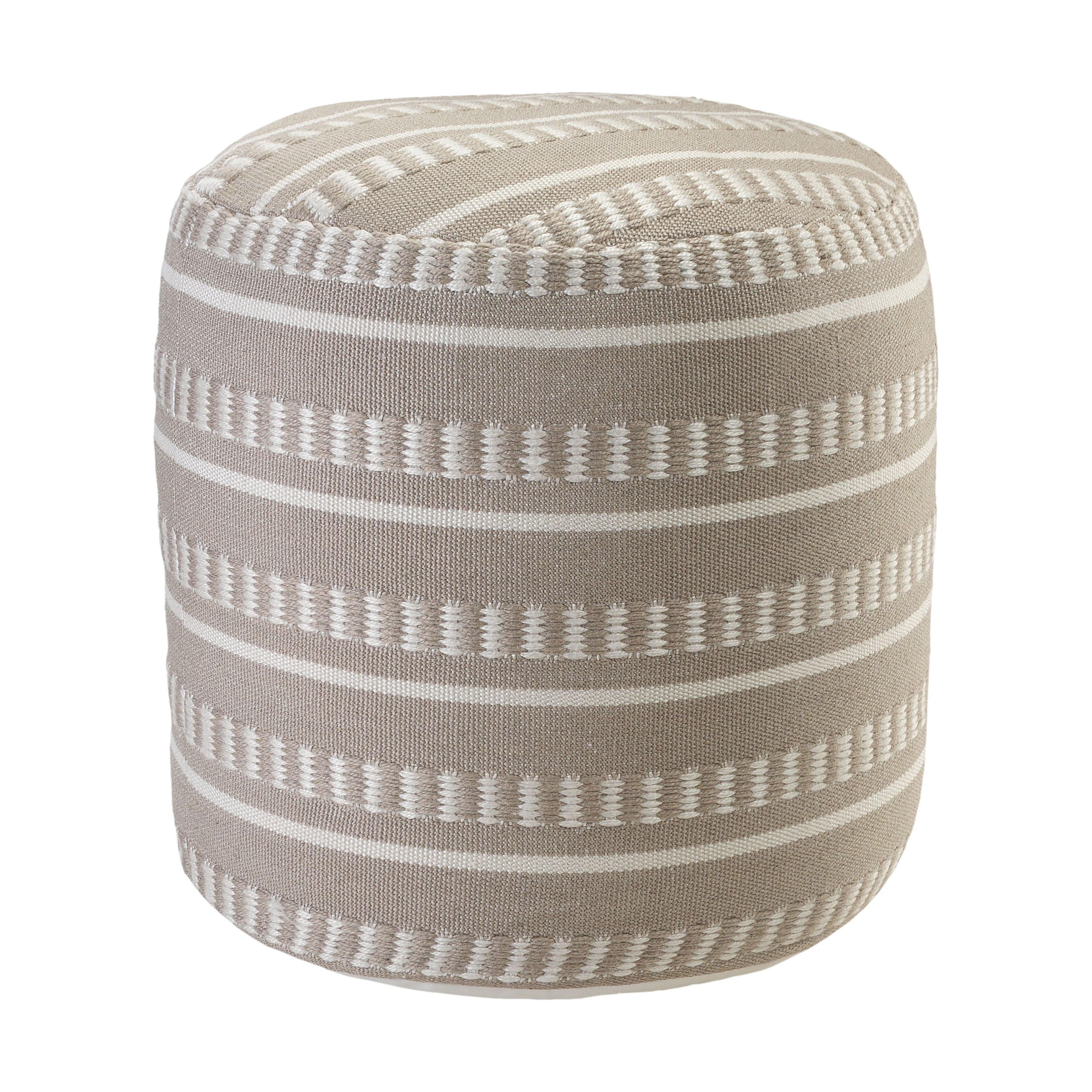 LR Home Medium Striped Indoor/Outdoor Cylinder Pouf, Taupe/White, 20" x ...
