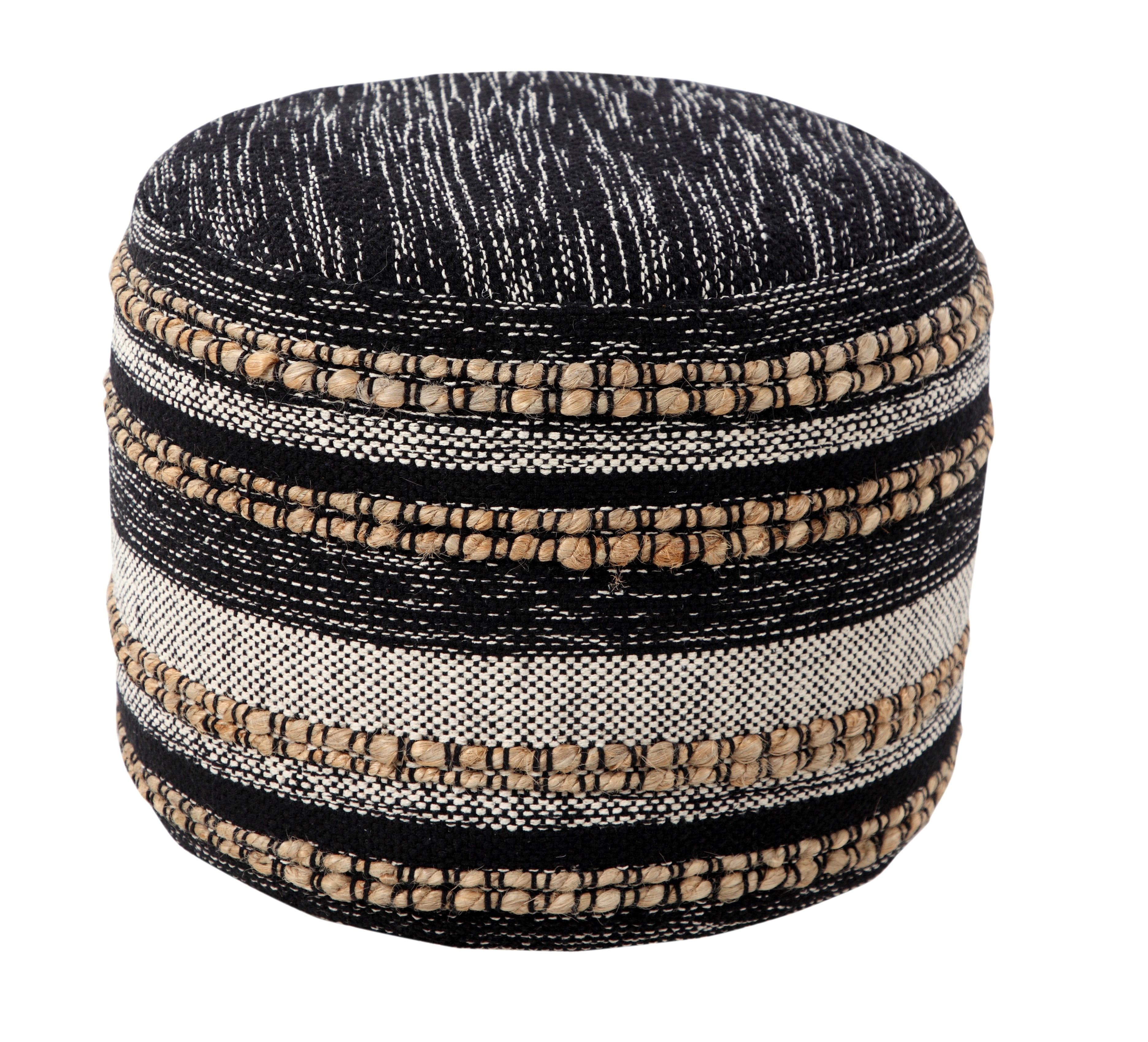LR Home Round Black/Gray Striped Cotton and Jute Pouf Ottoman, 14" H x ...