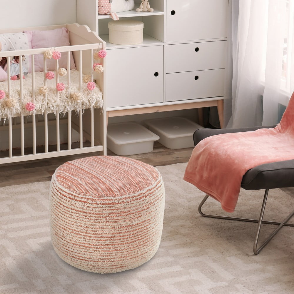 LR Home Small Fringe Striped Indoor Round Pouf, Coral/White, 18" x 18 ...
