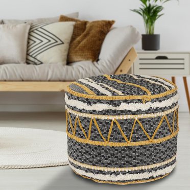 LR Home Small Fringe Striped Indoor Square Pouf, Beige, 18" x 18" x 14 ...