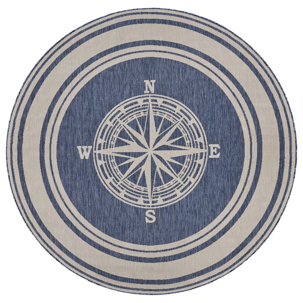 LR Home Sophie 7'6" Round Navy/White Nautical Compass Indoor/Outdoor ...