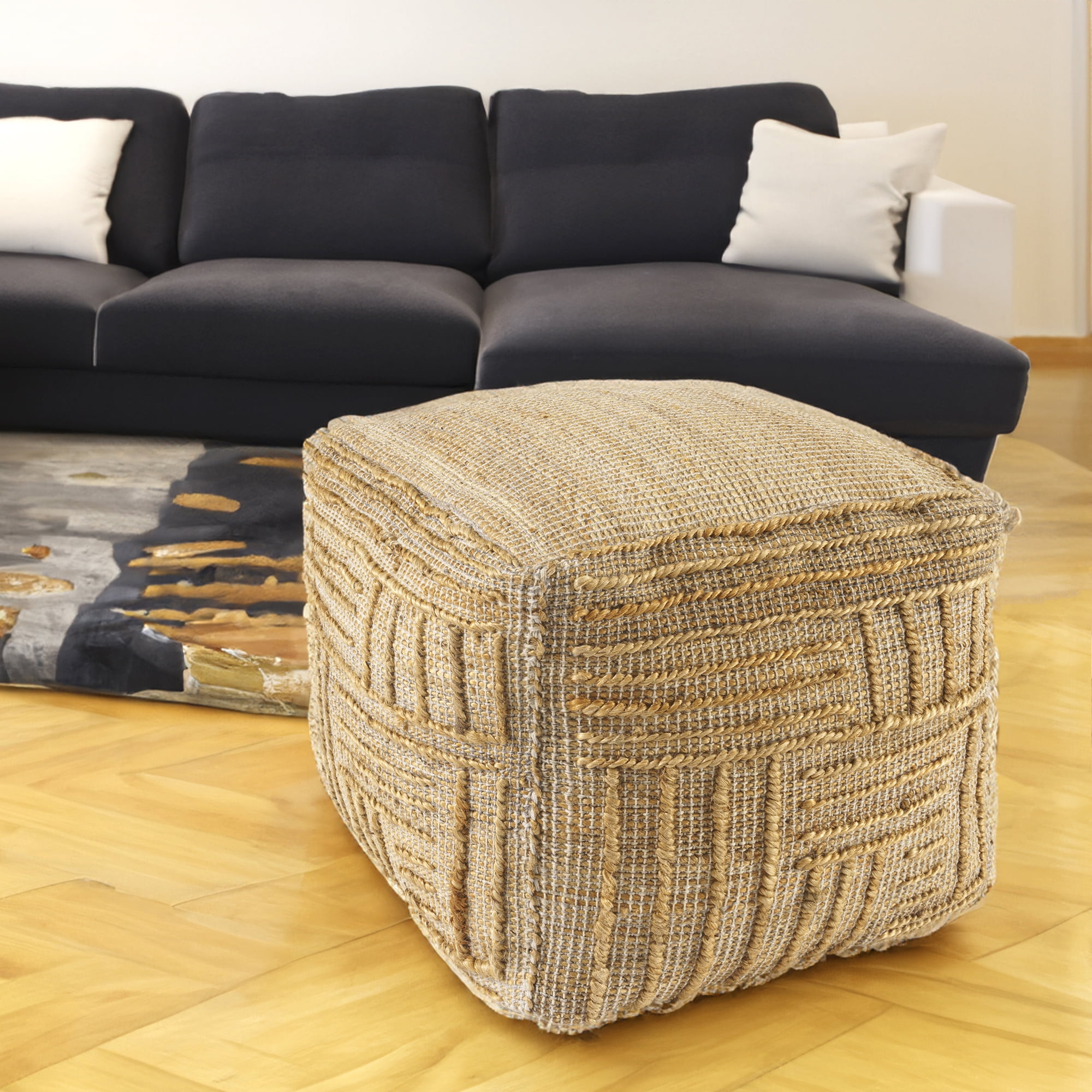 LR Home Sundry Farmhouse Striped Jute Ottoman Pouf Natural, 18" x 18" x ...