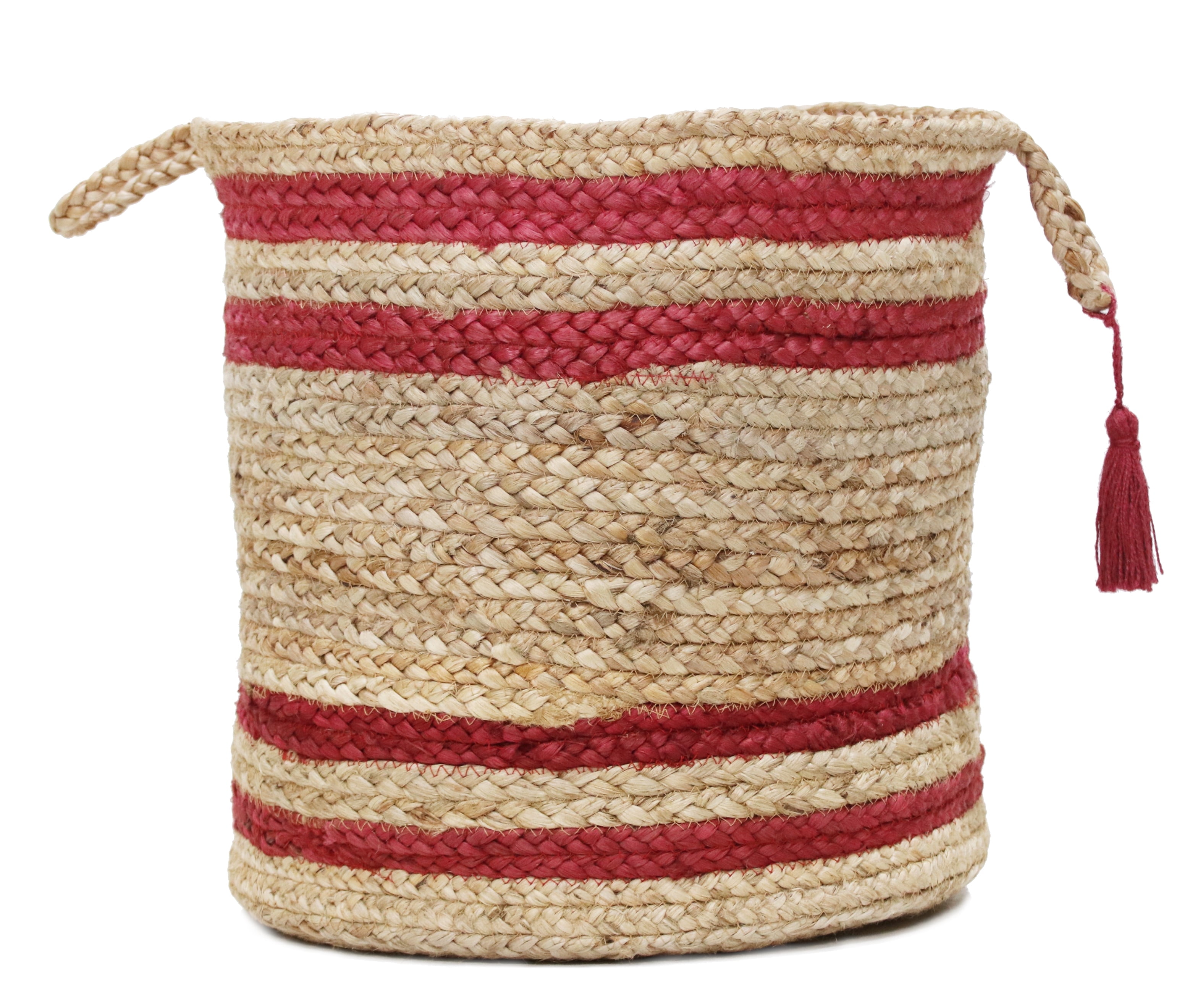 LR Home Woven Round Jute 17" Storage Basket with Handles, Red Double ...