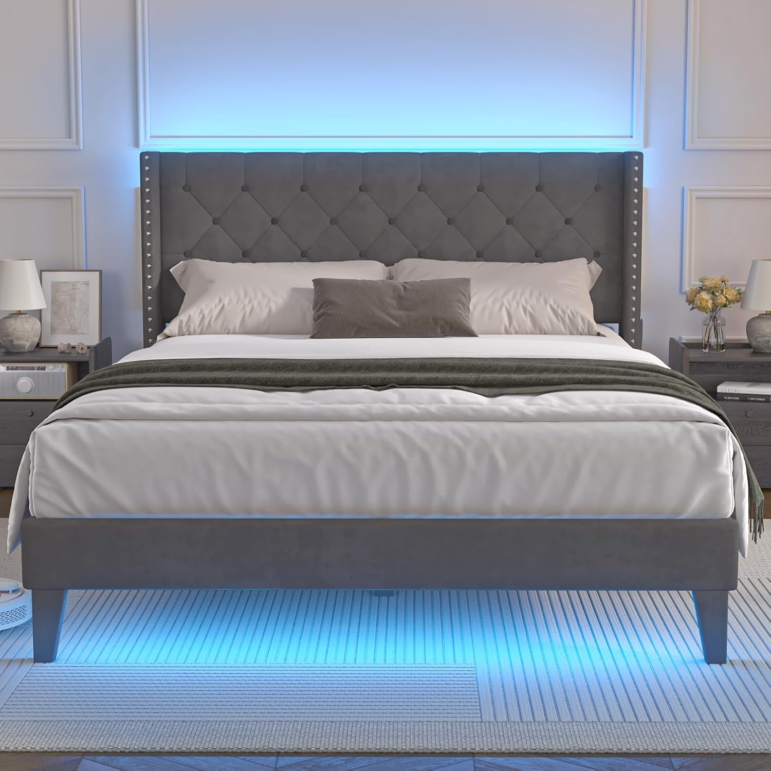 LR8 Queen Size Bed Frame with Led Lights, Upholstered Velvet Platform ...