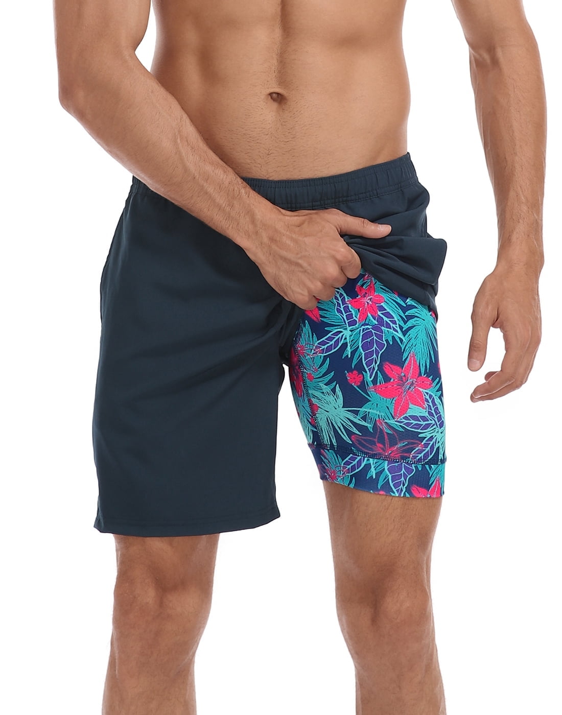 LRD Men's Swim Trunks with Compression Liner 7 Inch Inseam Navy Blue ...