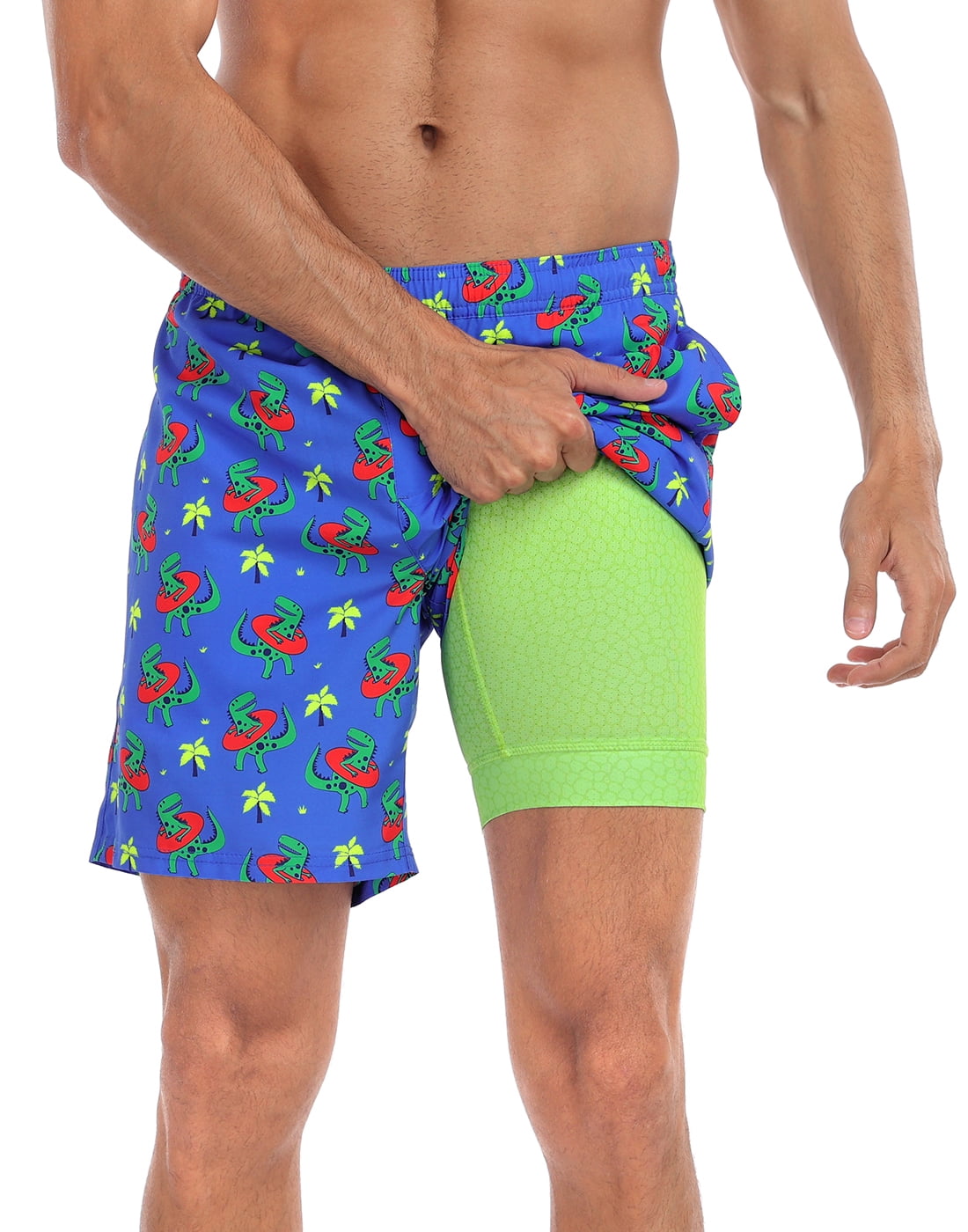 Lrd Mens Swim Trunks With Compression Liner 7 Inch Inseam Pool Dinos