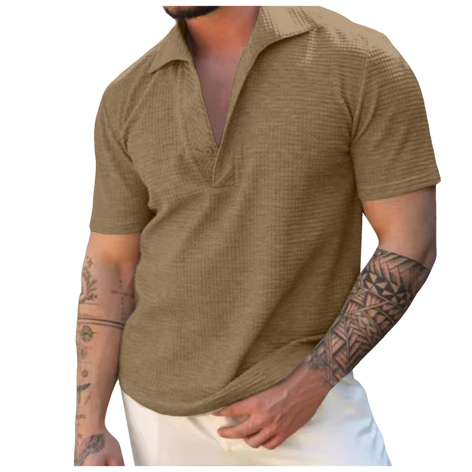 LRJTENG Mens Knit Shirts Button Up Textured T Shirts Casual Solid Color Slim Fit Short Sleeve ...
