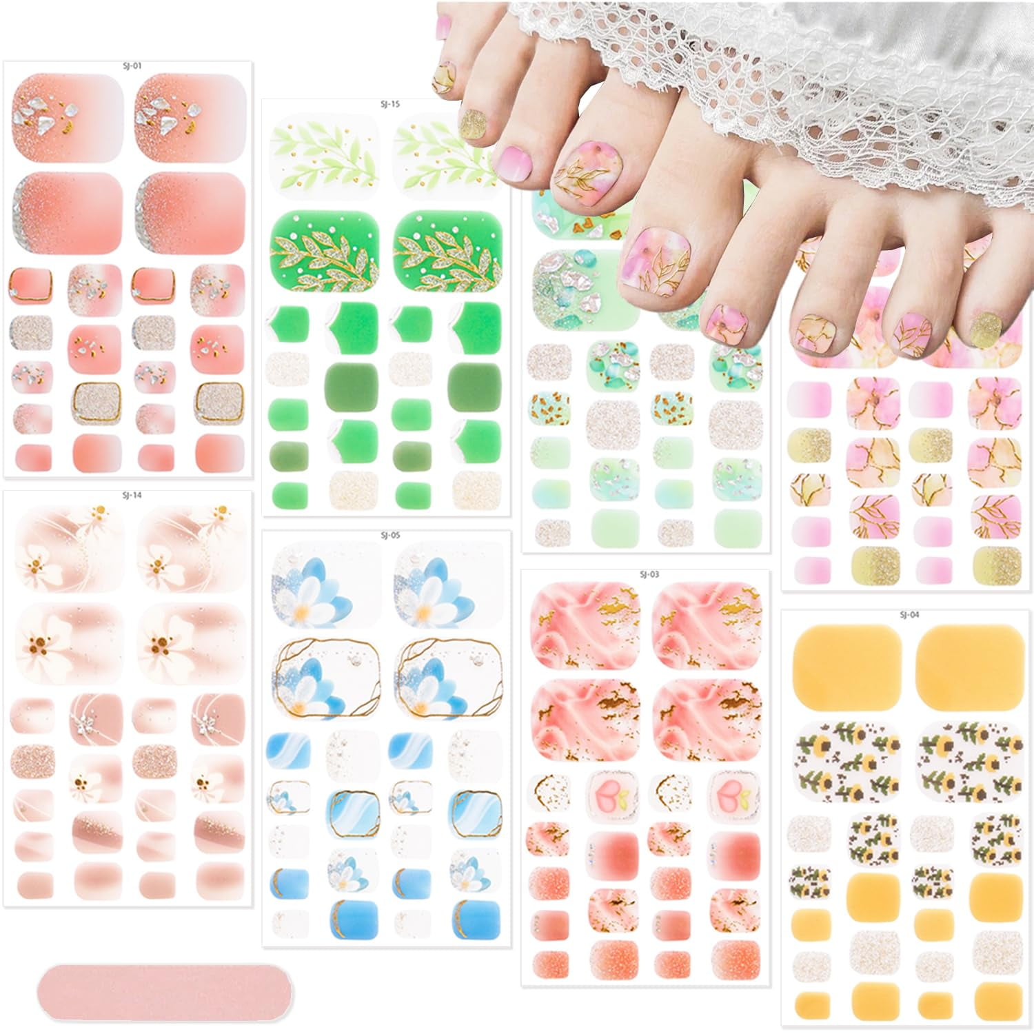 LRKNNO 8 Sheets Glitter Gel Toe Nail Stickers Flower Glitter Gradient ...