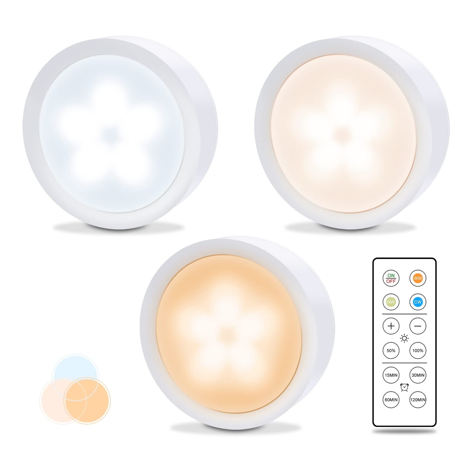 LRLITE Led Puck Lights with Remote Wireless Battery Operated,3 Color ...