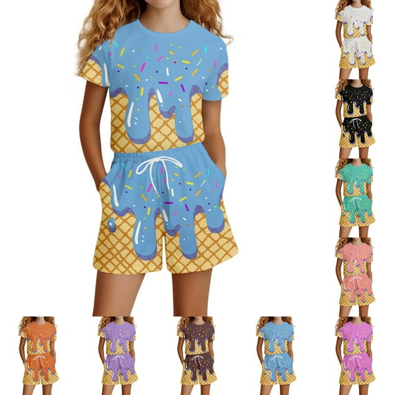 LRen Girls Outfits Size 5 Floral Print Shorts Sleeve Sports Sets Crew ...