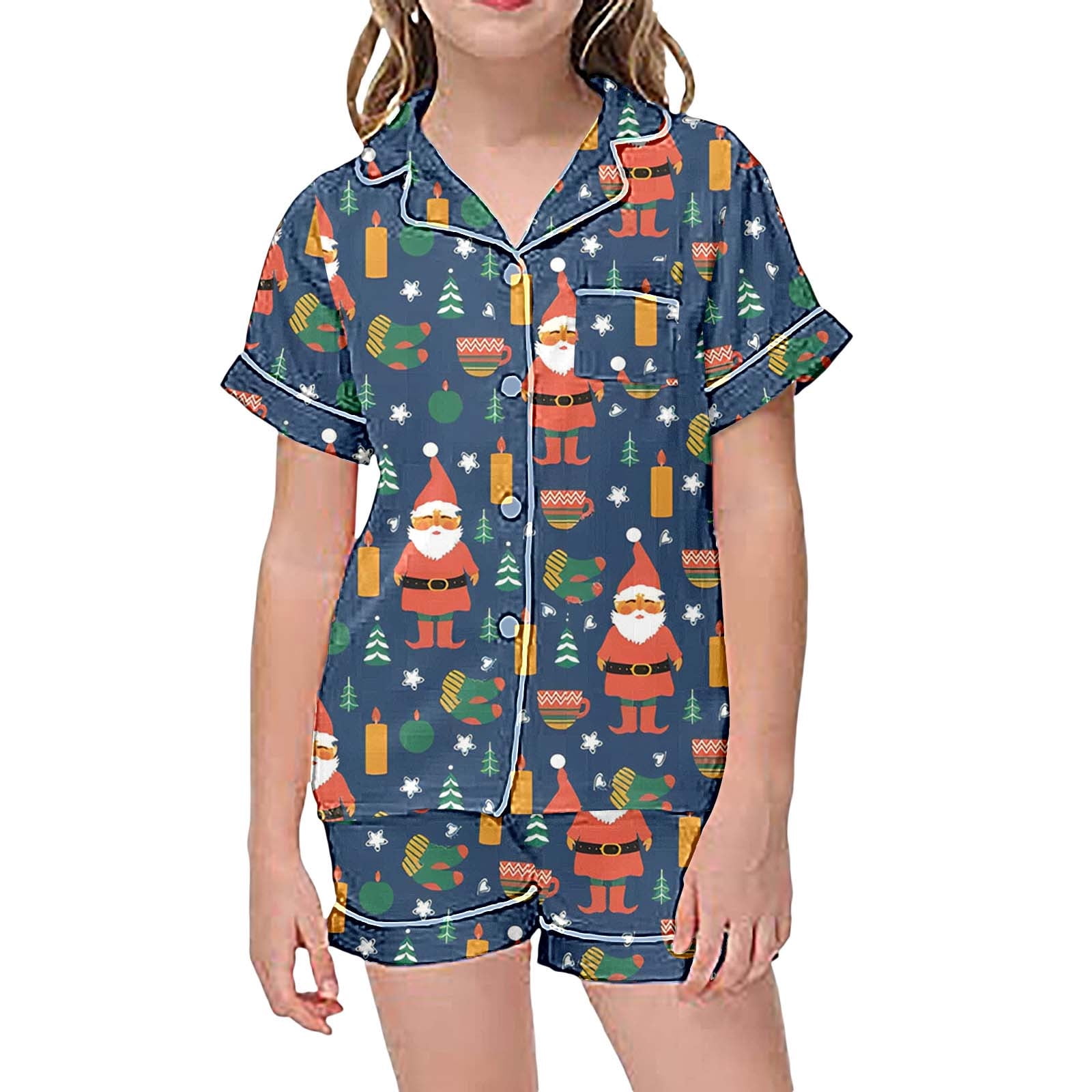 LRen Girls Satin Pajamas Set Shorts Sleeves Shirt Tops+Shorts Button ...