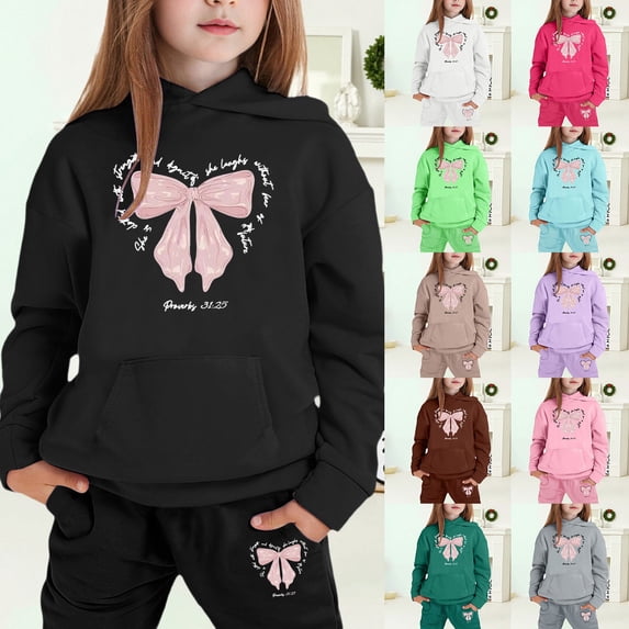 LRen Girls Sweatsuits Size 7 Long Sleeve Bow Print Hoodie Sweatshirt ...