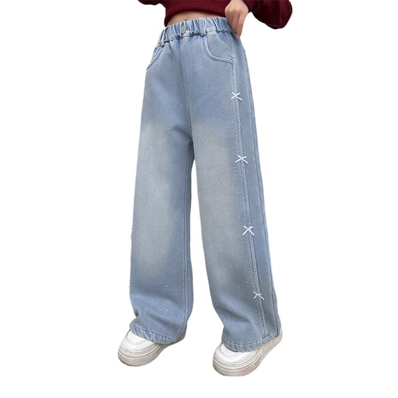LRen Girls Wide Leg Jeans Baggy Bow Embroidery High Elastic Waist Denim ...
