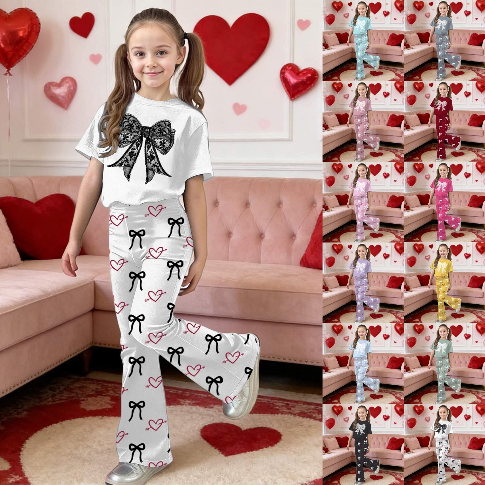 LRen Toddler Girl Valentines Outfit, Bowknot Heart Print 2PCS Fashion ...