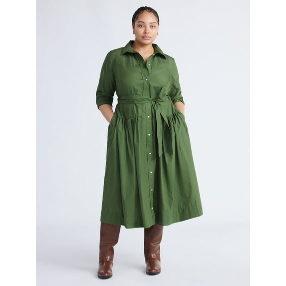 Free Assembly Women's and Women’s Plus Belted Cotton Maxi Shirtdress ...